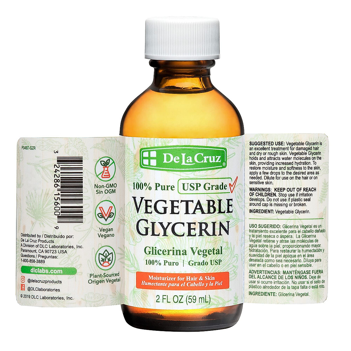 De La Cruz Vegetable Glycerin, 100% Pure Liquid Glycerine USP Grade for Hair, Skin and DYI Projects 2 FL. OZ.