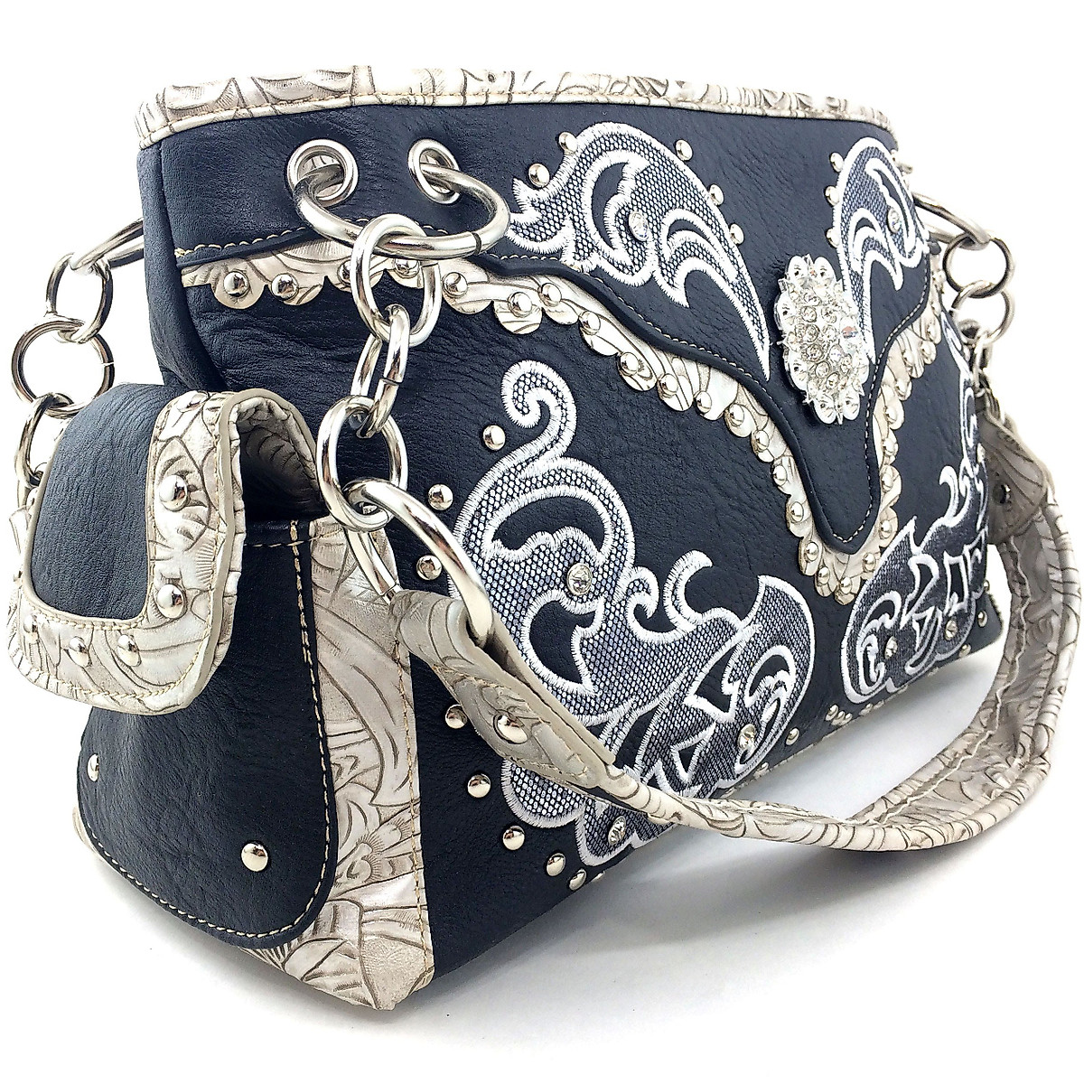 Justin West Western Tooled Rhinestone Concho Flower Embroidery Gleaming Design Chain Shoulder Handbag Purse with Concealed Carry and Phone Slot (Black)