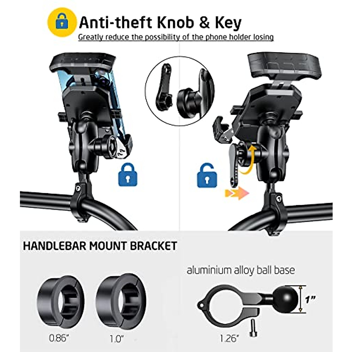 Anti-Theft Motorcycle Phone Mount-iMESTOU Bike Ball Phone Holder Handlebar Double Socket Stem Mobile Holder with Aluminium 1" Ball Base 360 Rotation Universal for 4.0-7.0 Inch Smartphones