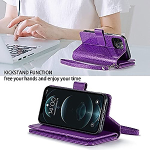 Varikke iPhone 11 Wallet Case for Women - Glitter PU Leather, Card Holders, Magnetic Detachable Phone Case, Kickstand, Strap - Dark Purple
