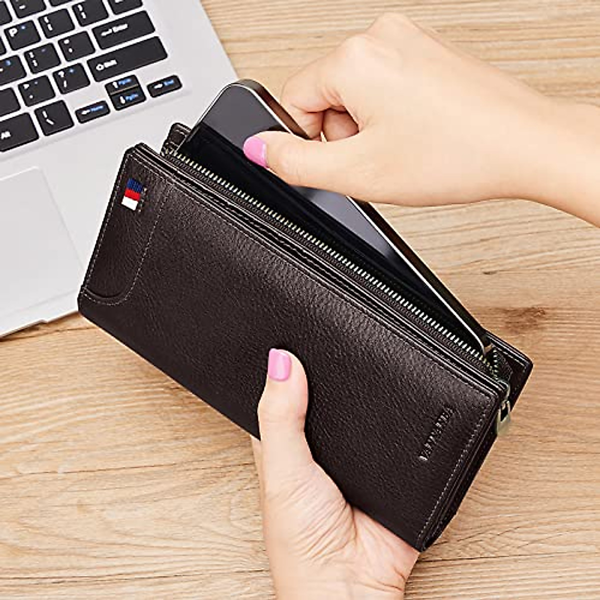 VANNANBA Mens Long Wallet Zipper Full Grain Leather Bifold Checkbook Cards Organized Holder Purse for Business Travel Gift