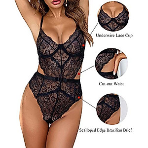 Aranmei Women Sexy Lingerie Bodysuit Lace Teddy Snap Crotch V Neck One Piece Babydoll Underwire(Black Small)