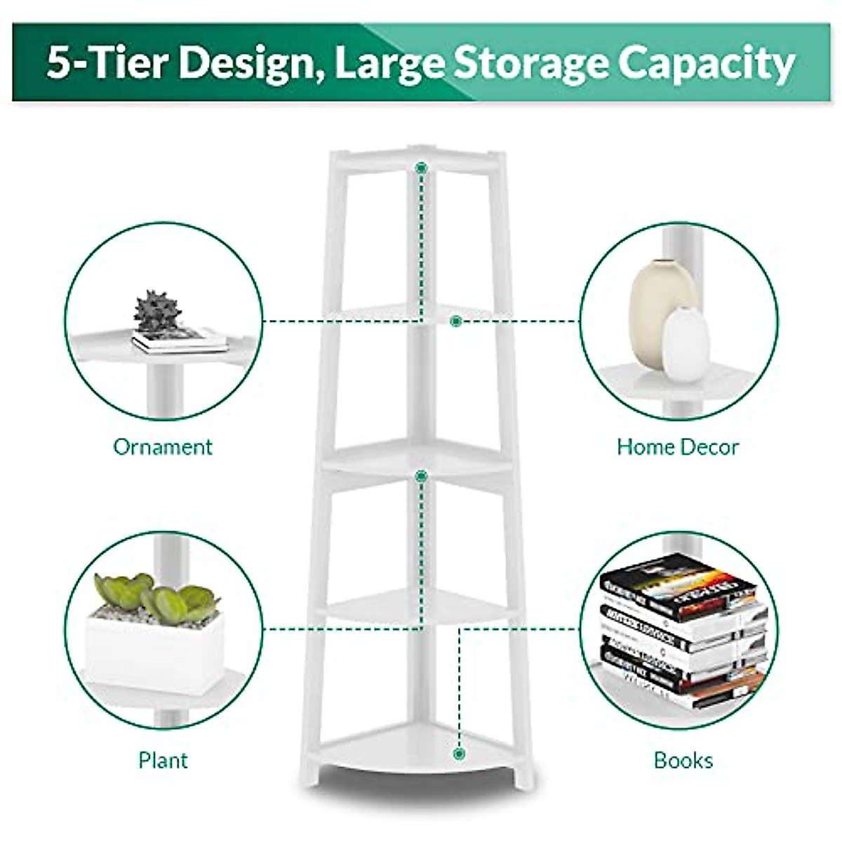 VIVIJASON 5 Tier Corner Shelf – Modern Wall Corner Storage Rack Plant Stand Small Bookshelf - Freestanding Ladder Shelf Display Organizer for Living Room, Kitchen, Home Office, Small Space (White)