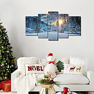 Modern Canvas Painting Wall Art Snowfield Winter Snow Forest Tree Sunrise sunset Landscape Mountain & Tree Print on Canvas Artwork Wall Decor (B)