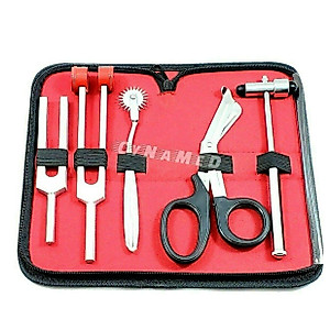 5 Piece Student Diagnostic Kit - Reflex Neurological Buck Hammer And Tuning Fork Set C 128 And C 512. Includes Wartenberg Pinwheel, Premium Steel Bandage Scissor 7.5” Black