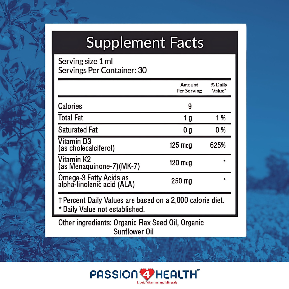 Passion 4 Health Organic Liquid Vitamin D3 (5000IU) + K2 (Mk-7) + Omega 3 Supplement - Support for Healthy Bones and Muscles (1)