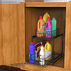 FavoThings Stackable 2-Tier Kitchen Cabinet Organizer Extra Wide Under Sink Organizer Rack with Sliding Storage Basket Drawers, Black