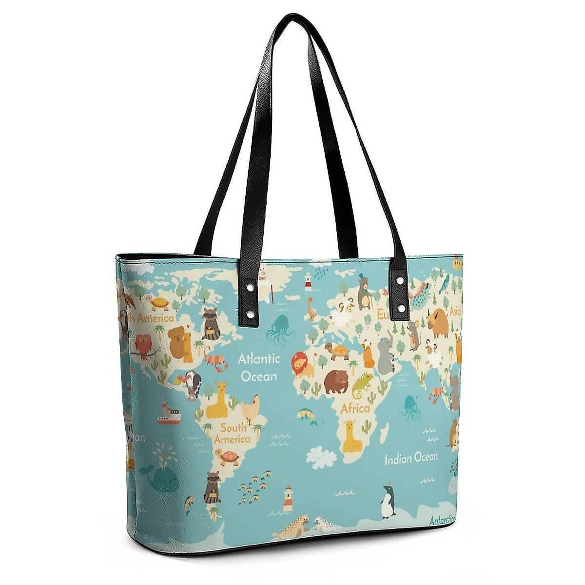 Womens Handbag World Map Leather Tote Bag Top Handle Satchel Bags For Lady