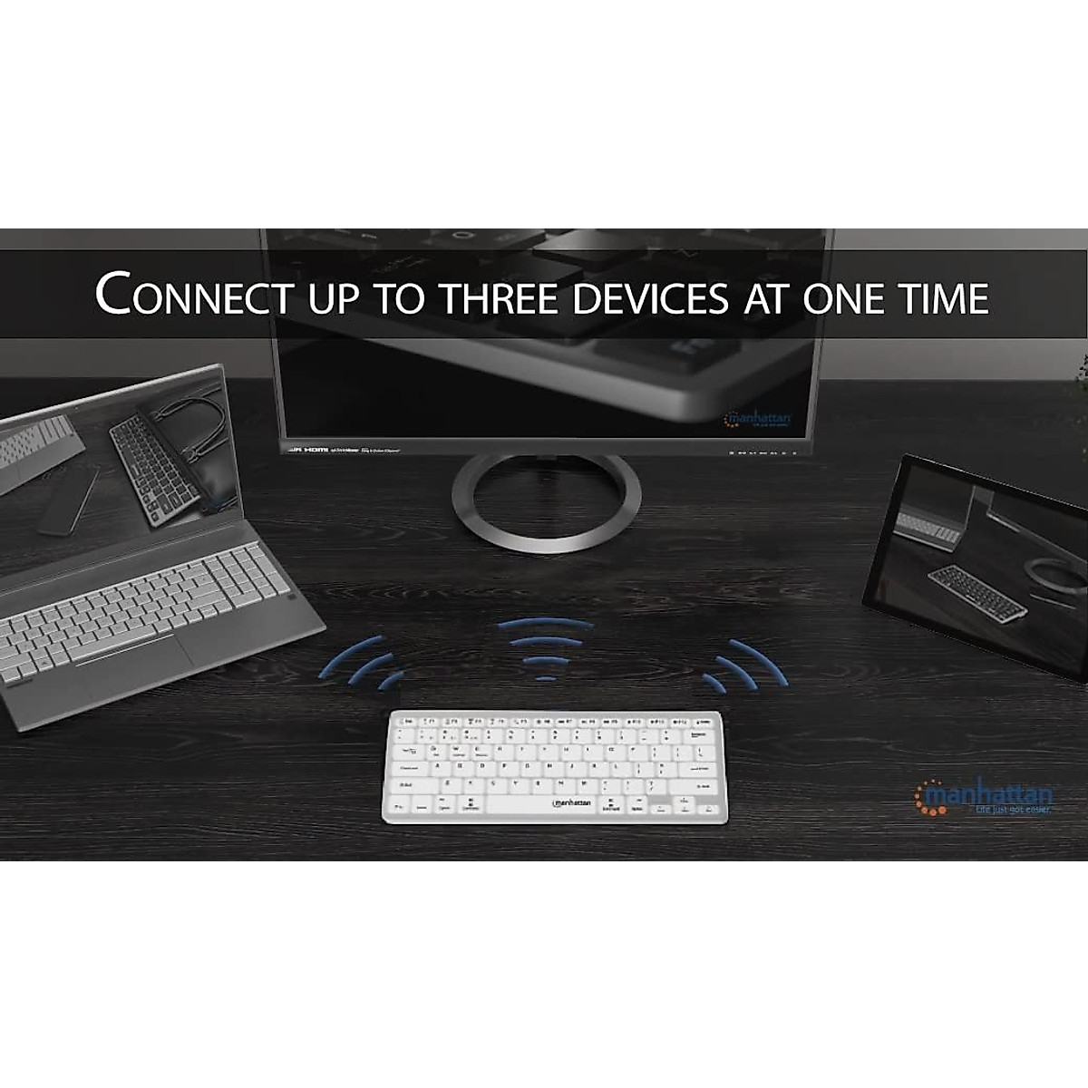 Manhattan Small Bluetooth Wireless Keyboard - Dual Modes of 2.4G + Bluetooth 4.2 - Connects Up To 3 Devices – Slim Mini Size – for Tablet, Mac, iPad, Apple, Android, Windows –3 Yr Mfg Warranty –180566