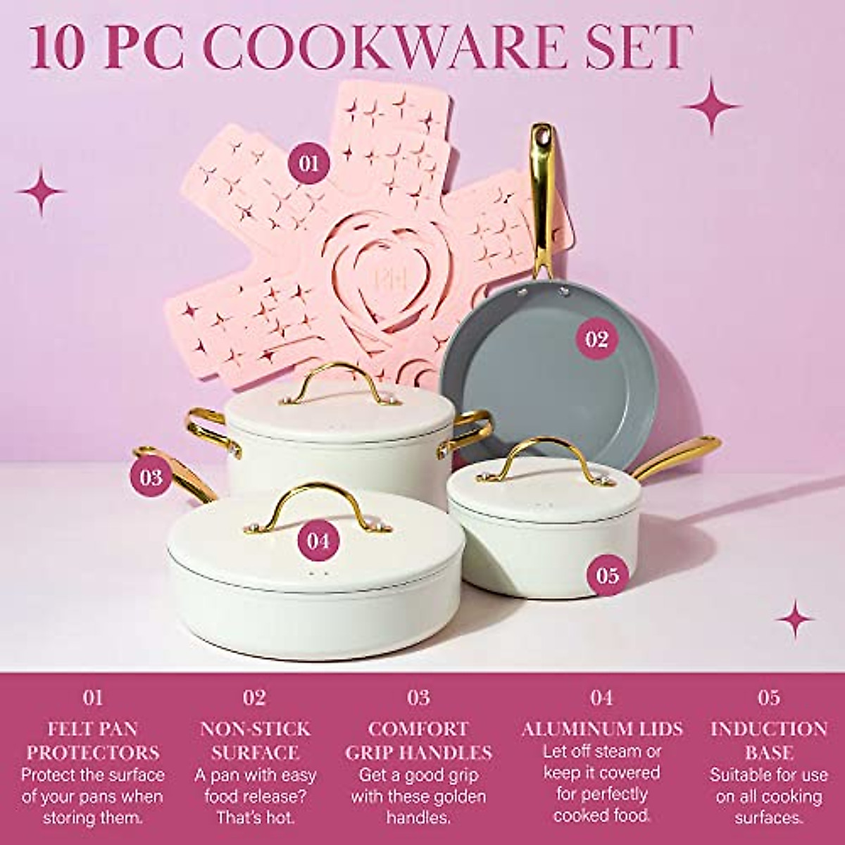 Paris Hilton Iconic Nonstick Pots and Pans Set, Multi-layer Nonstick Coating, Matching Lids With Gold Handles, Made without PFOA, Dishwasher Safe Cookware Set, 10-Piece, Cream