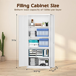 LOCENHU Metal Storage Cabinet with 2 Doors and 4 Adjustable Shelves - 71" Locking File Cabinet,Locking Tool Cabinet for Office,Home,Garage,Gym,School (White),Requires Installation