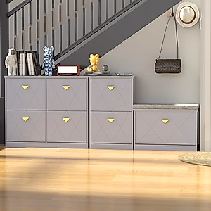 joibabe Shoe Cabinet with Flip Drawers, Shoe Bench with Removable Cushion, Free Standing Tipping Bucket Shoe Rack Organizer with Adjustable Shelf, Shoe Storage Cabinet