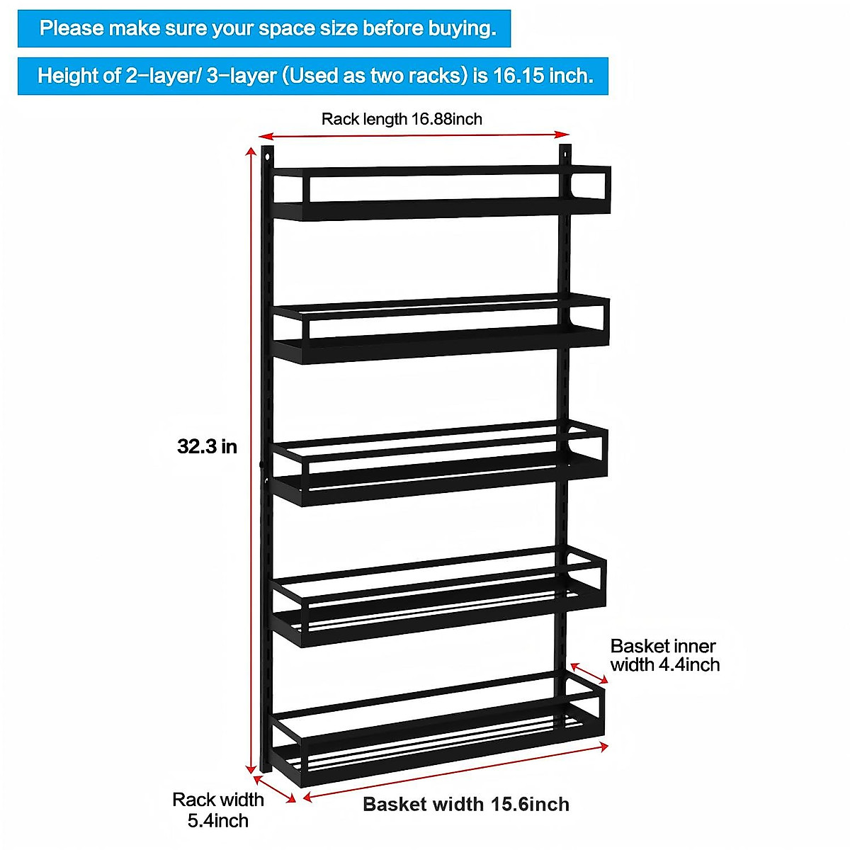 X-cosrack Wall Mount Spice Rack Organizer 5 Tier Height-Adjustable Hanging Spice Shelf Storage for Kitchen Pantry Cabinet Door, Dual-Use Seasoning Holder Rack with Hooks, Black-Patented