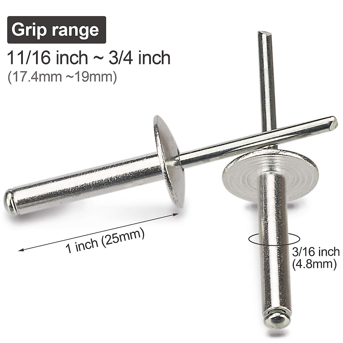 PAGOW 3/16 x 1 Inch (4.8x25mm) Flange Aluminum Blind Rivet, Large Self-Plugging Open End Decorating Fastener Nails Pop Rivets, Core Pulling Rivets Grip Pange 11/16-3/4 Inch (17.4-19mm) (60 Pcs)
