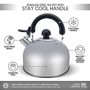 ELITRA HOME Whistling Tea Kettle Stainless Steel Tea Pot with Stay Cool Handle 2.6 Quart / 2.5 Liter (SATIN)