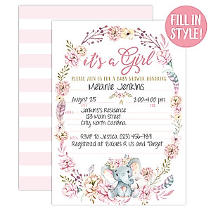 Elephant Baby Shower Invitation - Girl Pink Elephant Baby Shower - Jungle Baby Girl Shower Invite - It's a Girl - Baby Sprinkle Invite - 20 Fill-In Invitations - Envelopes Not Included