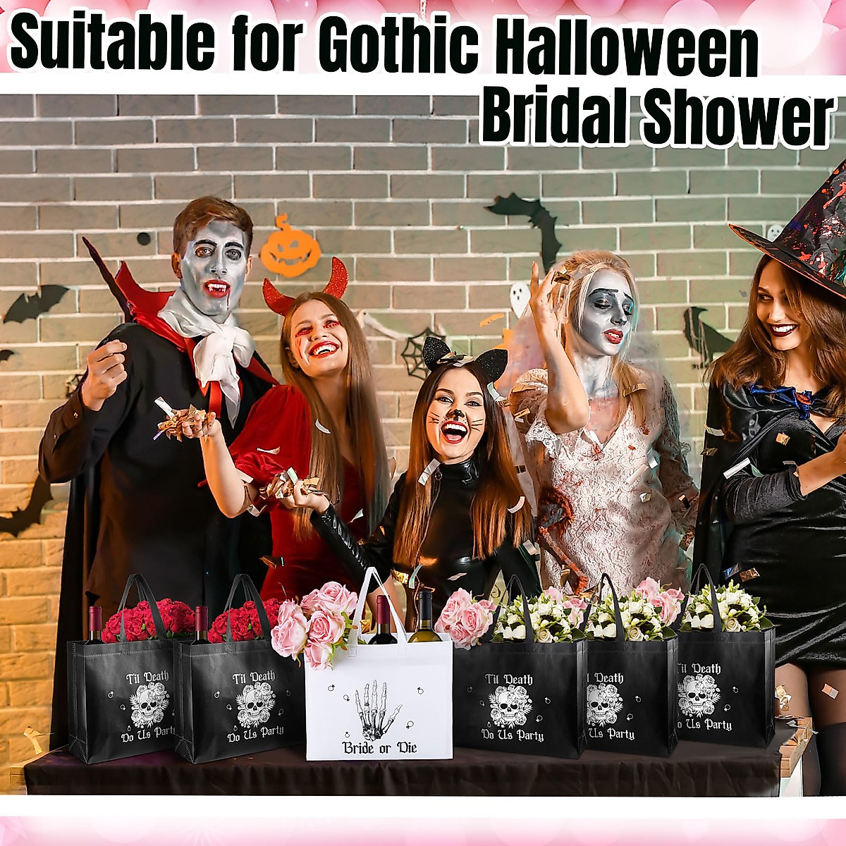 Wesnoy 12 Pcs Bride or Die Bachelorette Party Gift Bag Till Death Do Us Party Tote Bag with Handle Reusable Skeleton Bridesmaid Bag for Wedding Bachelorette Bridal Shower Supplies 11.8 x 3.9 x 9.8Inch