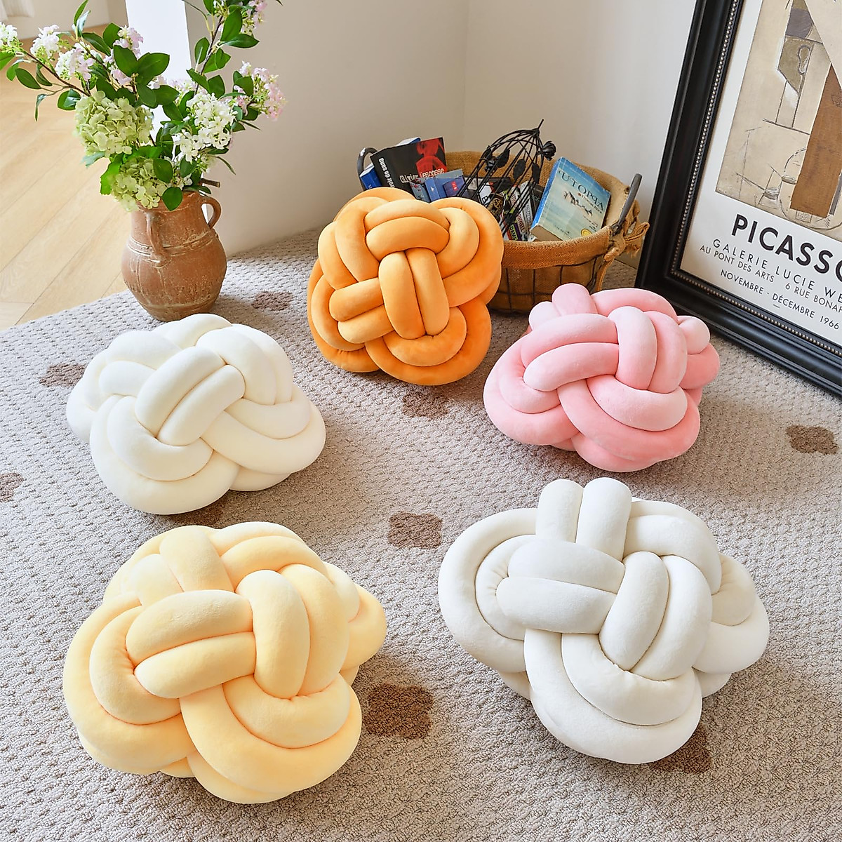 Xuyier Knot Pillow Ball, Decorative Throw Pillows with Velvet Fabric for Couch Bed, 12" Decor Knotted Square Floor Pillow Cushions for Living Room (12 Inches, Ivory White)