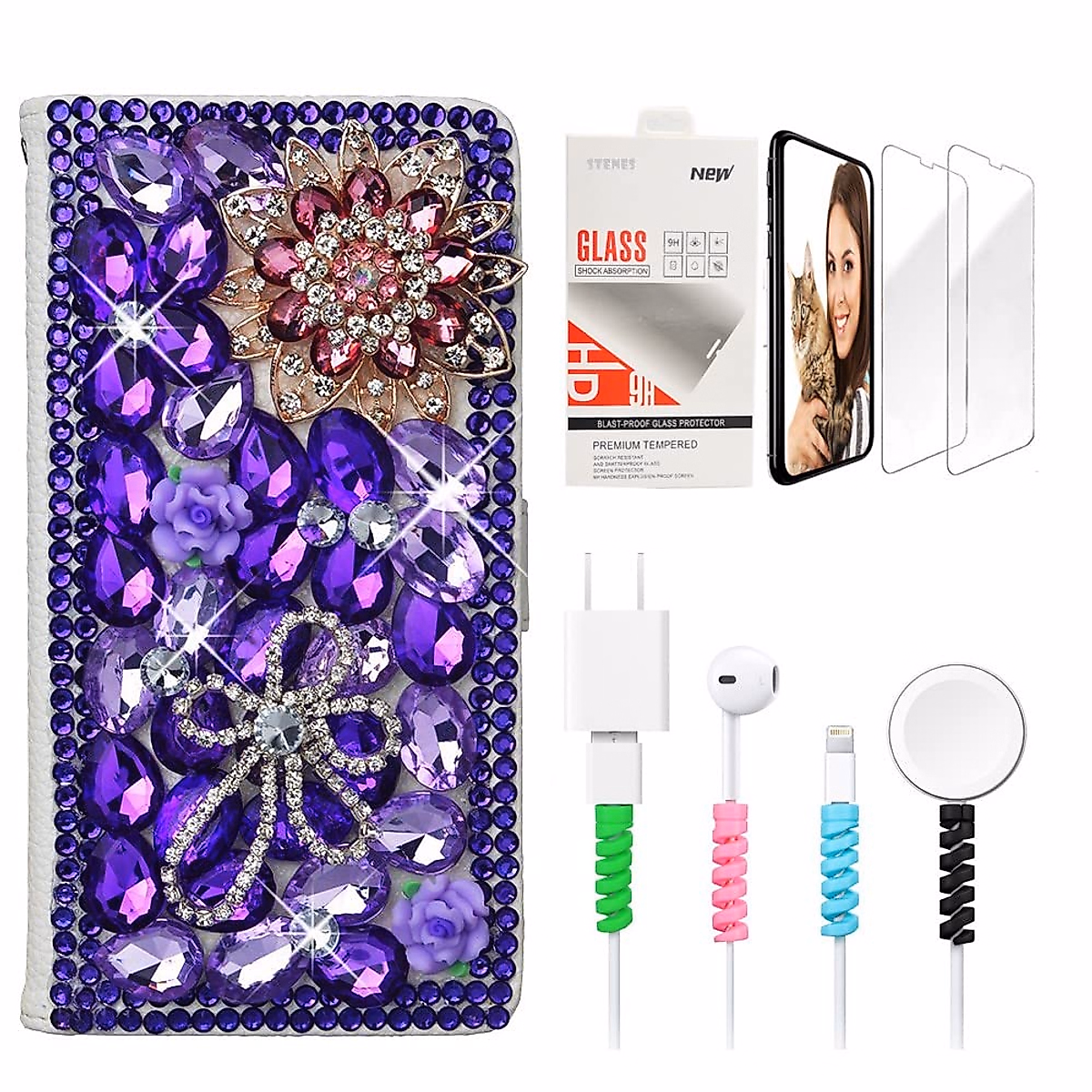 STENES Bling Wallet Luxury Phone Case Compatible with Samsung Galaxy S23 Plus - Stylish - 3D Handmade Luxury Flowers Design Leather Cover with Screen Protector & Cable Protector - Deep Purple