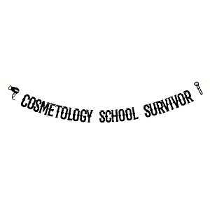 Glitter Black Cosmetology School Survivor Banner, Class Of 2024 Grad Cap Cake Supplies,Congratulations Finally Done 2024 Graduate Party Decoration