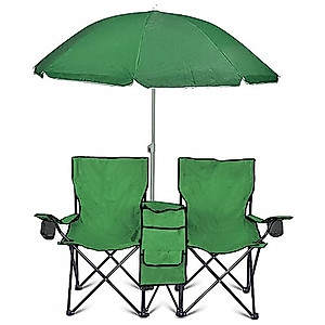 GoTeam Portable Double Folding Chair w/Removable Umbrella, Cooler Bag and Carry Case - Green