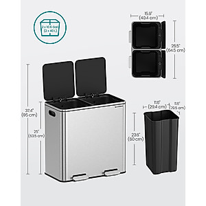 SONGMICS Trash Can, 2 x 10.6 Gallon (2 x 40 L) Garbage Can for Kitchen, with 15 Trash Bags, 2 Compartments, Plastic Inner Buckets and Hinged Lids, Airtight, Silver and Black ULTB730E80
