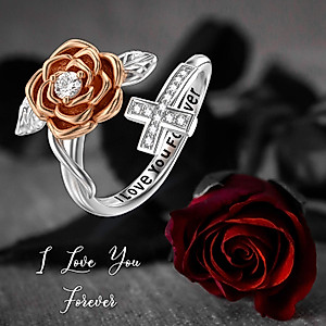 LONAGO Rose Flower Cross Ring 925 Sterling Silver I Love You Forever Adjustable Size Ring Religious Crucifix Jewelry Gift for Women (9)