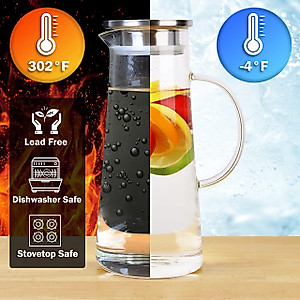 51oz Glass Pitcher with Lid Heat Resistant Glass Water Pitcher/Water Carafe with Infuser Pitcher Lid - For Hot/Cold Beverages - Water, Cold Brew, Iced Tea & Juice 1.5 Liter