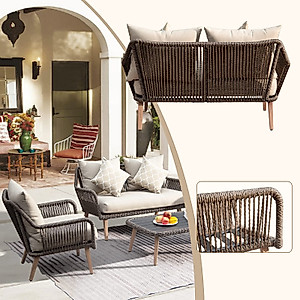 Domi Patio Furniture Set, 4 Pieces Rope Wicker Patio Set with Aluminum Frame, Outdoor sectional Sofa with Coffee Table, Outdoor Sofa, Loveseat, Ideal Outdoor Furniture for Gazebo, Pergola, Patio
