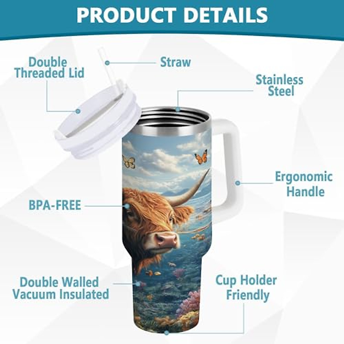 Slewiaeky Tumbler with Handle 40 oz Cow Cattle Kawaii Travel Mug with Lid and Straw Ocean Stainless Steel Vacuum Insulated Water Bottle Cup for Iced Tea Coffee Cold Beverages Cup Holder Friendly