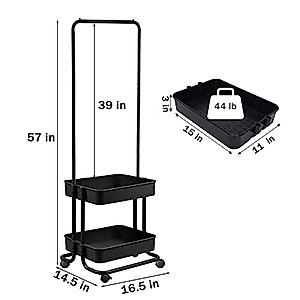 Clothing Garment Rack, Metal Clothing Rack with 2 Tier Basket ,Rolling Clothes Organizer with Wheels,Rolling Storage Cart Clothes Organizer Coat Rack Storage Stand for Home Bedroom Laundry(Black)