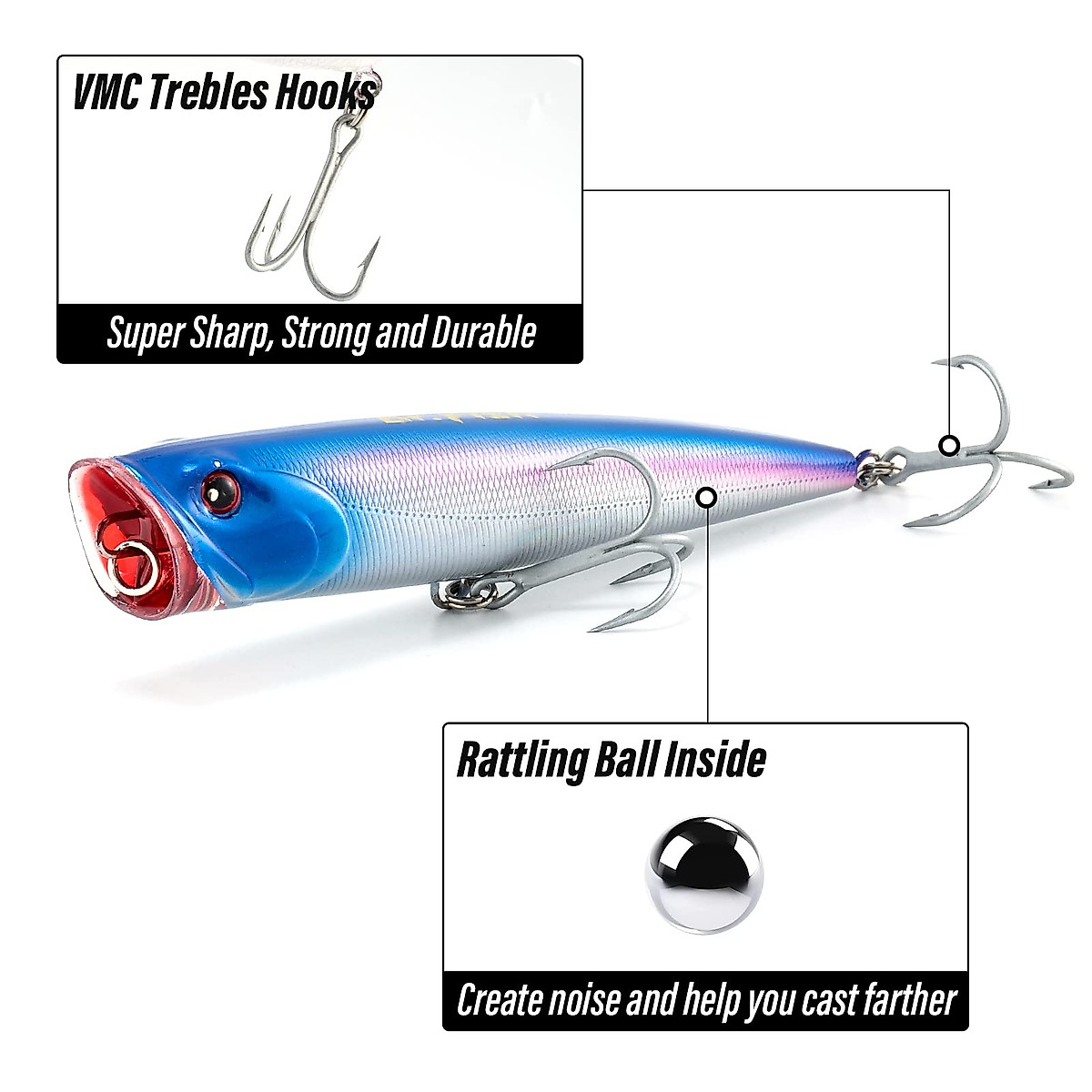 Dr.Fish Topwater Popper Saltwater Fishing Lures, 5-1/2 Inches GT Popper VMC Treble Hooks Surf Fishing Lures for Striper Pike Salmon Lures Bass Popper Fishing Plugs Offshore Blue/Purple