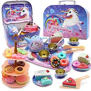 Dollox Kids Tea Party Playsets for Little Girls, Pretend Tin Teapot Set Princess Tea Time Toys Playset with Teapot, Cups, Plates and Carrying Case Birthday Gifts Ideas for Age 3 4 5 6 Years Old Girls