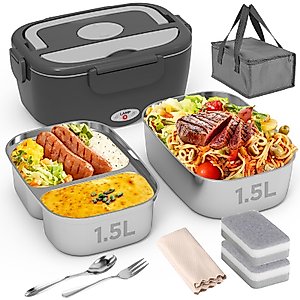 Geveniss Electric Lunch Box for Men, Women, Adults - 80W Fast Heating Lunch Box (12V/24V/110V) - Heated Lunch Box with Dual 1.5L SS Containers - Portable Food Warmer for Car, Truck, Office Use