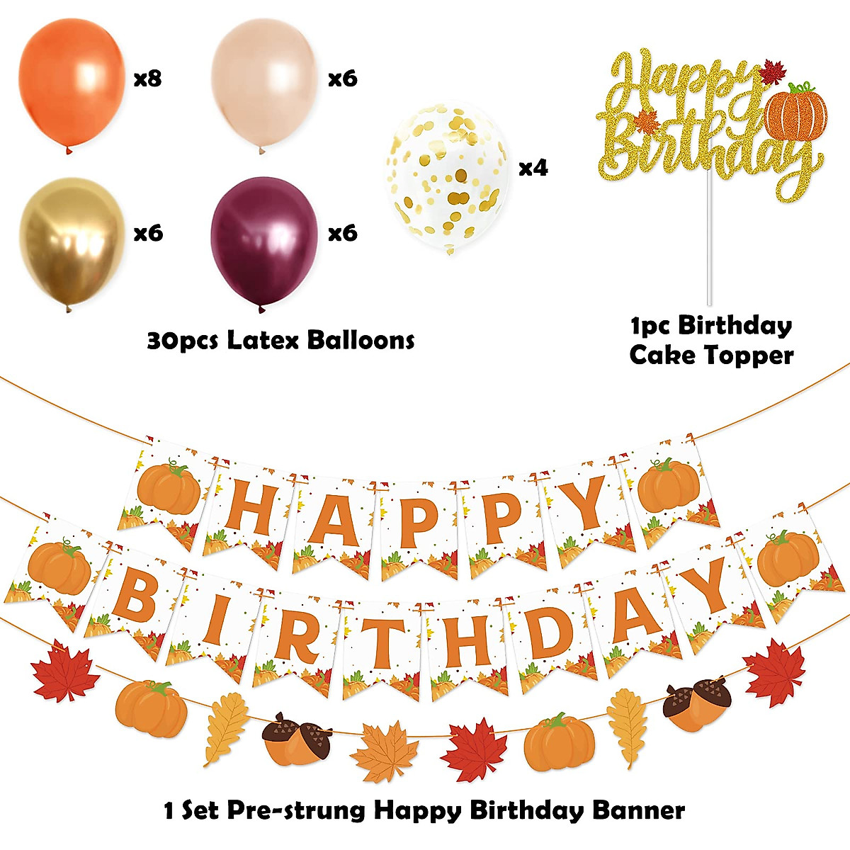 Pumpkin Birthday Decorations Supplies Fall Themed Happy Birthday Banner Fall Leaves Garland Pumpkin Cake Topper and Balloons for Autumn Fall Thanksgiving Birthday Party Favors Photo Props Backdrop