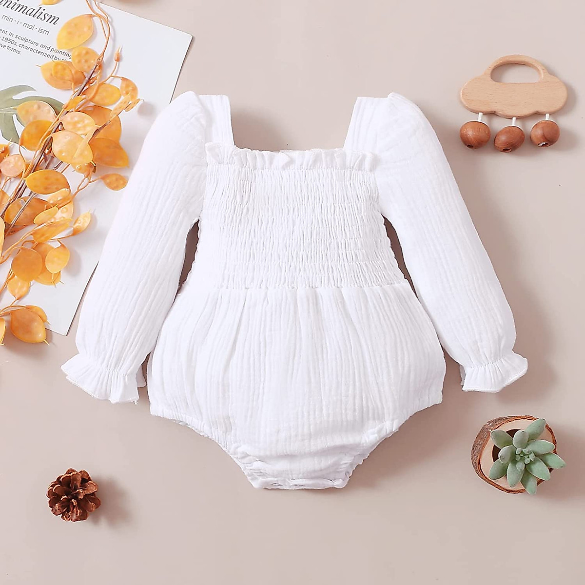 Socutebabe Baby Girl Vintage Bubble Romper Onesie Long Sleeve Ruffle Jumpsuit Bodysuit Princess Outfit Boho Clothes (White,12-18 Months)