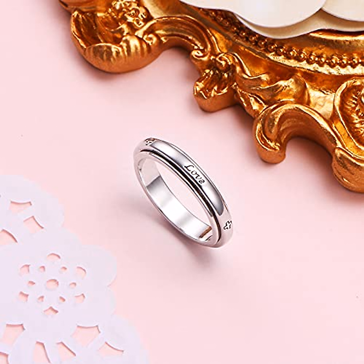 S925 Sterling Silver Spinner Fidget Anxiety Worry Relieving Boredom ADHD Autism Band Rings Faith Hope Love Cross