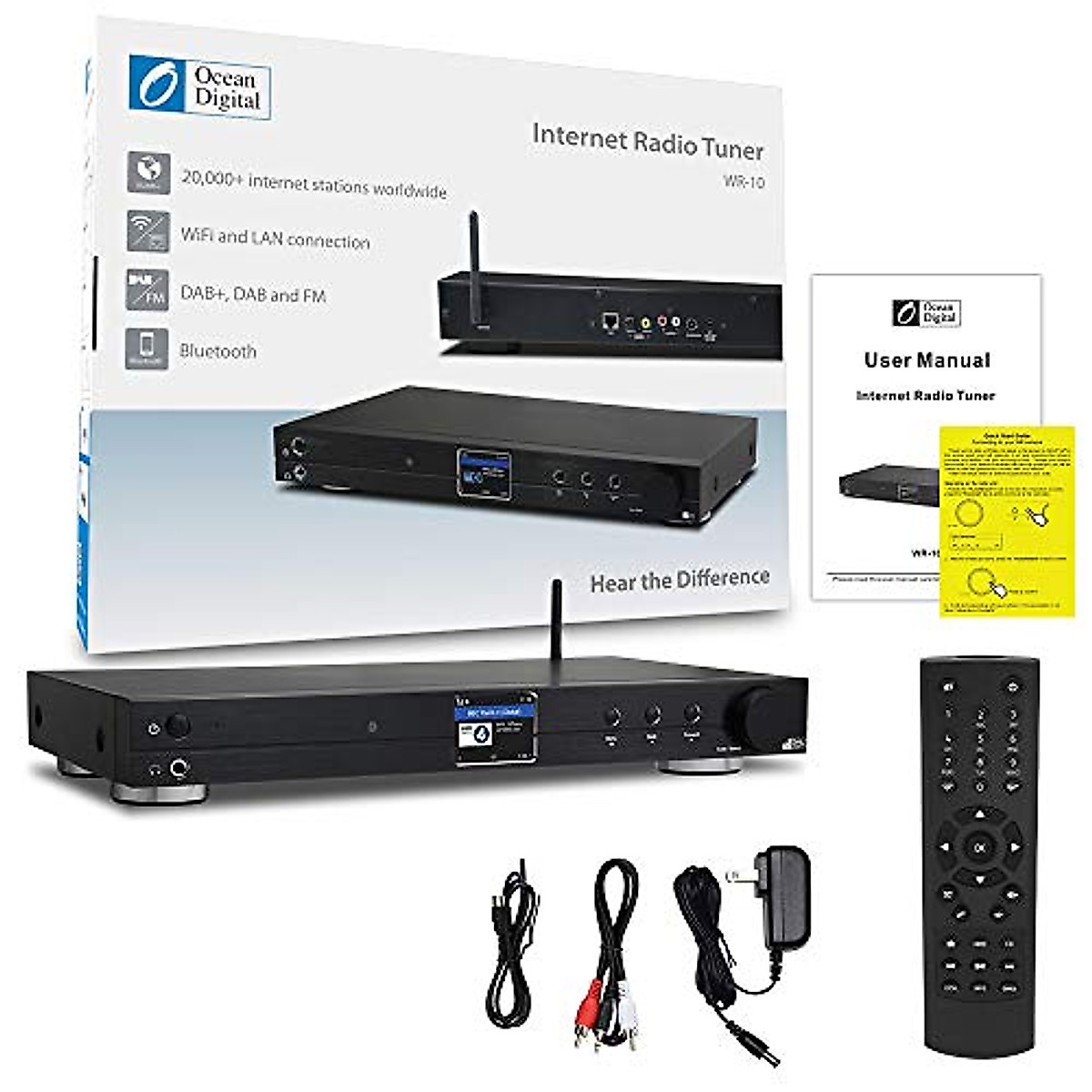 Ocean Digital WiFi Internet Component Radio Tuner (430 mm) WR10 FM/ Ethernet Bluetooth Receiver 2.4" Color Display with Digital Output to Connect Hi-Fi System -Black