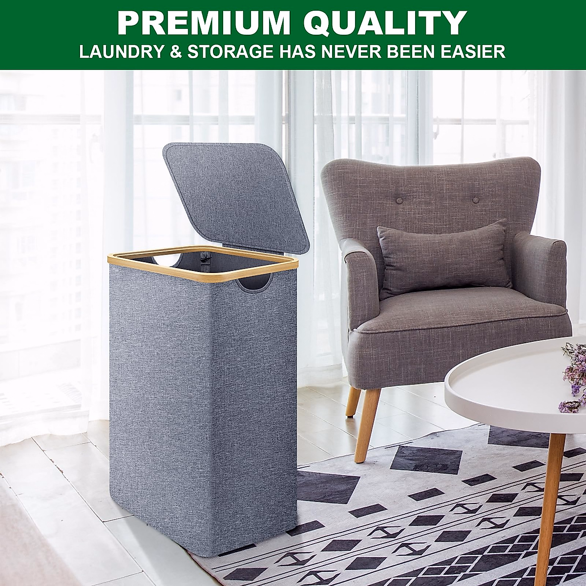 ZHSX Laundry Hamper/Basket with Lid, 100L Large Laundry Hamper/Basket/Bin with Bamboo Handle, Foldable Clothes Basket Organizer with Two Removable Inner Bags, Odor-Resistant and Waterproof(Grey)