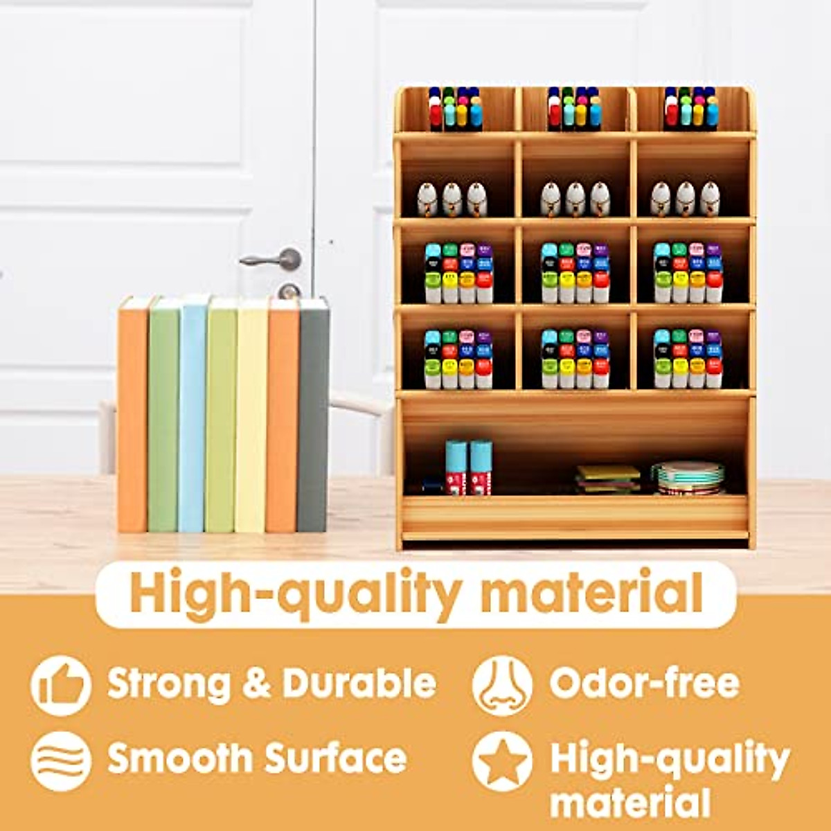 ShellKingdom Wooden Desk Organizer, Desktop Stationery Holder for Pen Pencil Markers, Makeup Brushes, Lipsticks Storage, with 13 Compartments for Home Office School