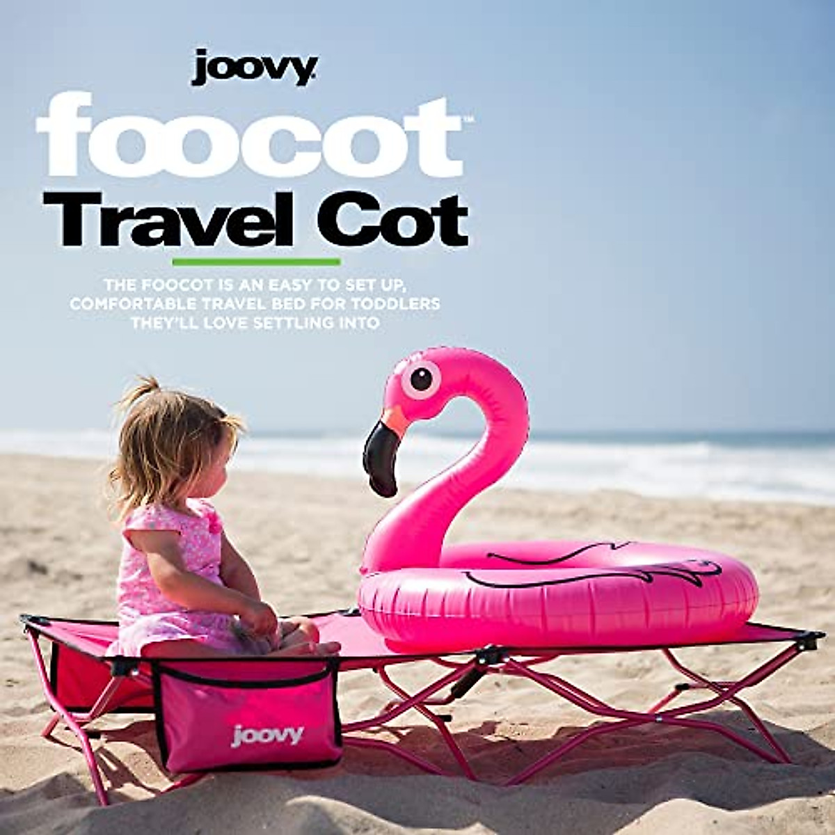 Joovy Foocot Travel Cot Featuring a Steel Frame and Tough Polyester Fabric, Storage Pocket, and Easily Folds into Included Travel Bag – Holds Kids Up to 48” Tall or 75 Lbs (Pink)