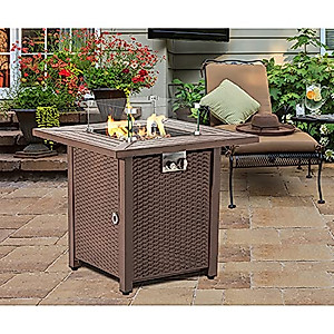 HOMPUS Outdoor Propane Fire Pit Table 28-inch 40,000 BTU Imitation Wicker Square Glass Top Fire Table w Wind Guard,Lava Rocks,Rain Cover Gas Smokeless Fire Pit for Outside Patio,Garden,Deck,Backyard