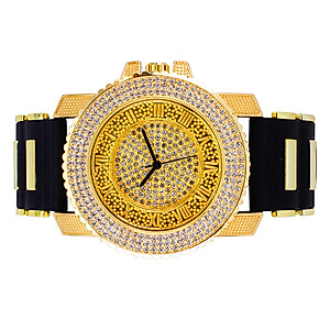 Techno Pave Men's 45mm Iced Out Roman Dial Watch with Silicone Band - Gold Dial