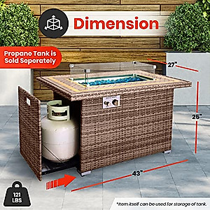 SerenelifeHome Outdoor Propane Fire Pit Table- 50,000 BTU Auto-Ignition Gas Fire Pit w/Glass Wind Guard, Black Tempered Glass Tabletop & Clear Glass Rock for Outdoor Cooking & Grilling - SLFPTIL49