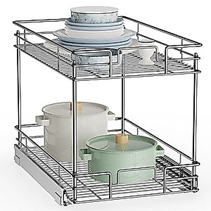 ROOMTEC New Version Pull Out Cabinet Organizer for Base Cabinet (20" W X 21" D), Kitchen Cabinet Organizer and Storage 2-Tier Cabinet Pull Out Shelves Under Cabinet Storage for Kitchen Silver,Chrome