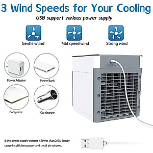 Portable Air Conditioner, 3 IN 1 Effective Evaporative Personal Air Cooler, 4-Speed 7-Colors Mini Air Conditioners with USB for Room/Office/Camping/Table Car