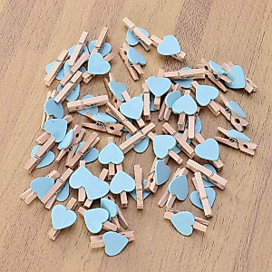 NUOBESTY 50pcs Mini Wooden Clips Clothespins Crafts Clips with Hearts for Wedding Party Valentines Day Decoration Blue