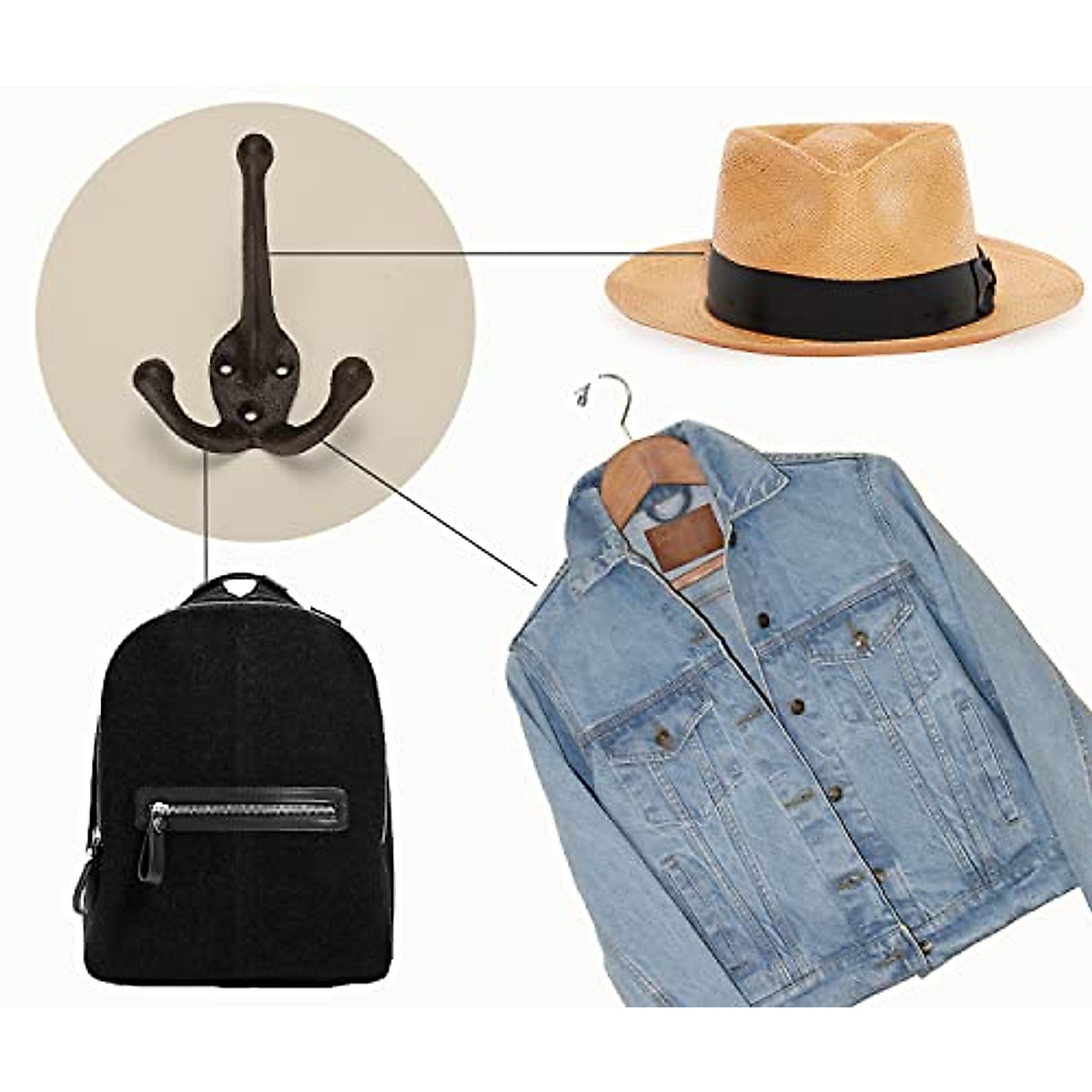 Ambipolar 5-Pack TriLeg Coat Hooks. Wall Mounted, Heavy Duty Decorative Black Wall Hooks for Mudroom, Hat Rack, Purse Hooks. Cast Iron Decorative ‎Antique Black Hooks