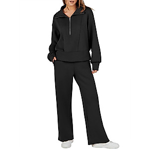 ANRABESS Womens Two Piece Outfits 2024 Fall Sweatsuit Set Half Zip Cropped Sweatshirt Wide Leg Sweatpant Lounge Set Black Medium