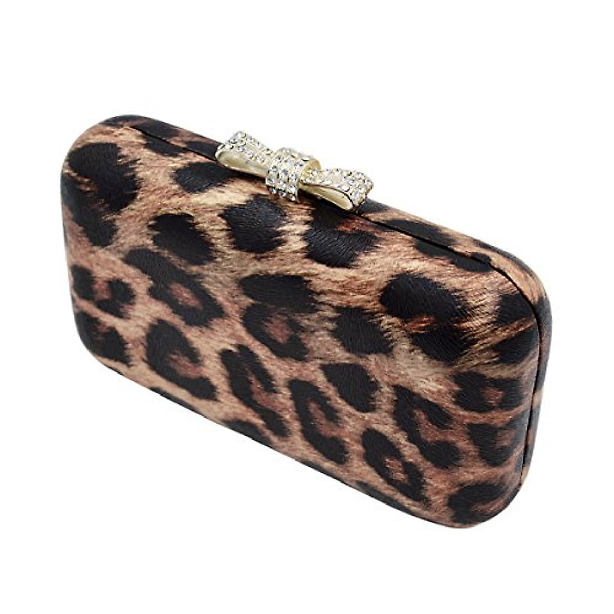 Elegant Leopard PU Leather Crystal Bow Top Hard Clutch, Brown